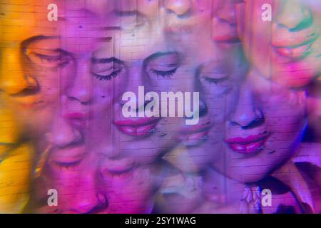 Surreal metropolis with glowing edges and overlapping graffiti Stock ...