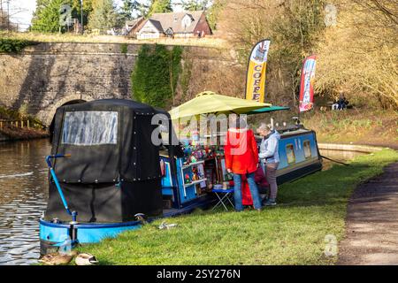 Canal narrowboat selling fresh coffee and sweets for on the Llangollen canal at Chirk North ...