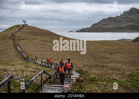 Wooden plank path to the Monumento Cape Horn, a stylised albatross by ...