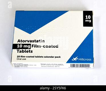 Photograph of a pack of Atorvastatin tablets. 10mg Film-coated tablets ...