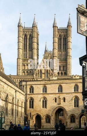 Towers of cathedral church rise above the medieval Exchequer Gate ...