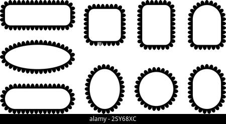 Border frame scallop edge rectangle, oval, round vector shape. Wave ...