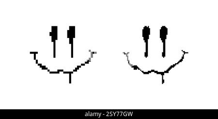 Two simple pixelated smiley faces with square eyes and unique curved ...