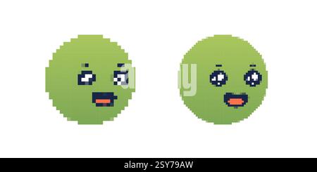 Pixelated green smiley faces with different expressions in simple ...