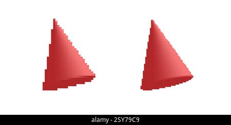 Two bright red pixelated cones positioned side by side on solid single ...