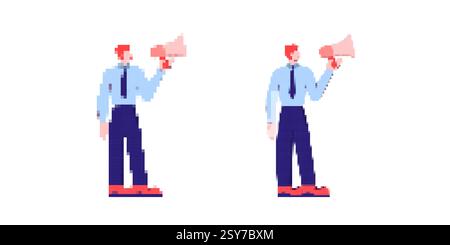 Two pixel art figures holding megaphones facing forward in simplistic ...