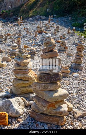 Rock sculptures on the beach at Traeth Lligwy near Moelfre on the north ...