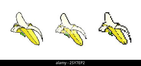 Three pixel art style bananas with peeling effect displayed in a simple ...