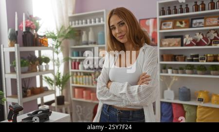 Young hispanic woman shopkeeper smiling confident holding hat with ...