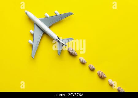 Plane model and shells on yellow background, flat lay. Space for text ...