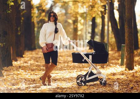 Mother with black colored pram is having a walk in forest at daytime ...