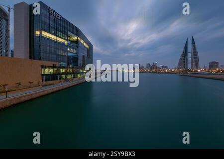 Sunrise view of Manama cityscape and architectures taken from Kingdom ...
