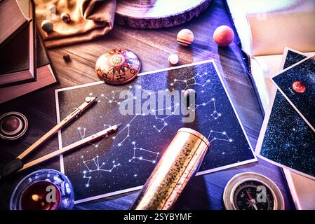 Concept of ancient astrology study with retro objects like charts ...