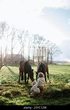 Two children interacting with horses on a sunny countryside farm Stock ...