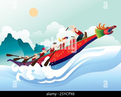 Vector of energetic people rowing dragon boat in the river Stock Vector ...