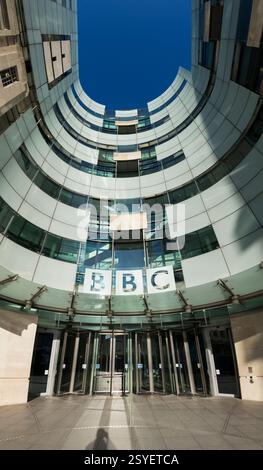 BBC logo letters on glass screen above the entrance door / doors of the ...