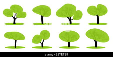 Multiple stylized trees in various shapes featuring bright green ...