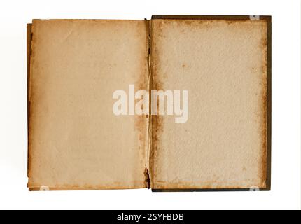 An ancient book is open, revealing empty old pages. Isolated on white ...