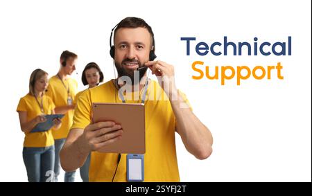 Technical support. Operators on white background, banner design Stock ...