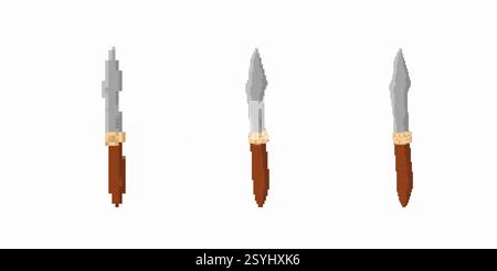 Set of three pixel art swords with wooden handles and silver blades in ...