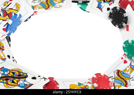 Frame made of flying cards and poker chips on white background, banner ...