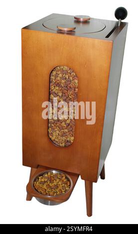 Automatic pet feeder with food and water bowls on wooden floor Stock ...