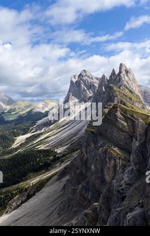 A vertical of the scenic Seceda mountain peak captured in winter in ...