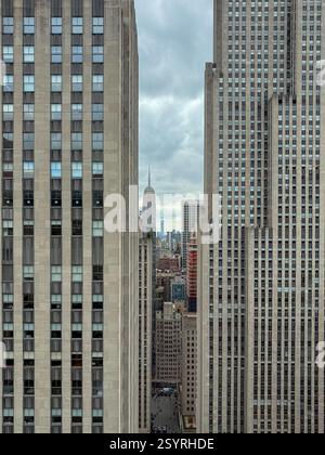 Aerial view of Midtown offices in Manhattan, New York City at night ...