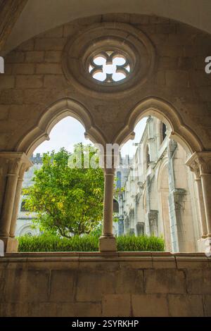a picturesque view through a series of arched windows within a historic ...