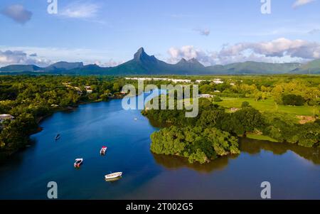 Fishing boats resting at tamarin bay, mauritius island, indian ocean ...