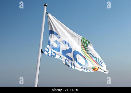 G20 Brazil 2024 Summit logo on a wall. Symbol of the Group of 20 ...