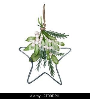 Hand drawn illustration of christmas mistletoe shape frame with leaves ...