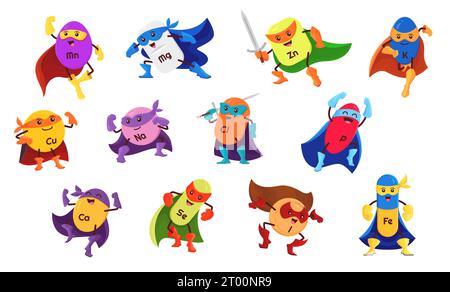 Cartoon magnesium superhero micronutrient character. Vector funny Mg ...