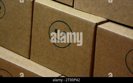 Smiley emoticon icon symbol stamp printed on wooden box. Smile emoji ...