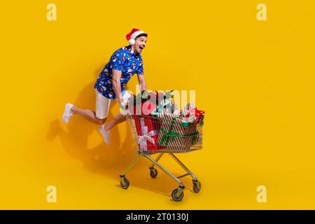 Full body portrait of amazed overjoyed person have good mood jumping ...