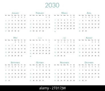 Monthly calendar of year 2030. Week starts on Sunday. Block of months ...