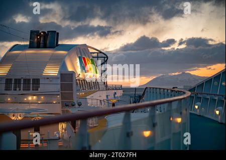 Illuminated AIDA Logo attached to AIDA Bella ship with fence and boat ...