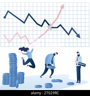 Growing chart breaks a falling chart. Happy male investor and sad ...