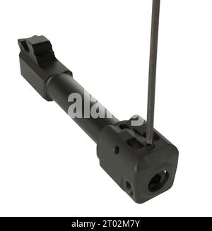 Semi-auto 9 mm pistol with a threaded barrel and red dot sight open and ...