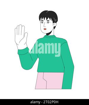 Pixie cut korean woman waving hand black and white 2D line cartoon ...