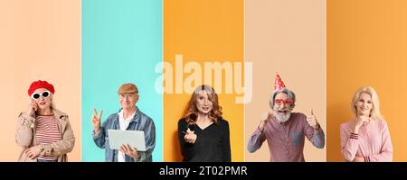 Collage of elderly people on color background Stock Photo - Alamy