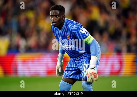 RC Lens goalkeeper Brice Samba claims the ball during the UEFA ...