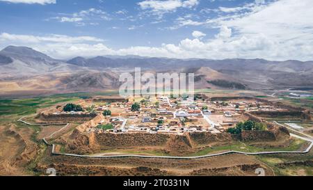 An aerial view of the Bajiao Ancient City in Gansu Province, China ...