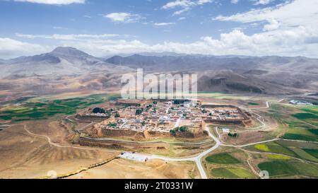 An aerial view of the Bajiao Ancient City in Gansu Province, China ...