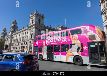 Barbie bus on a London double decker bus driving through Westminster ...