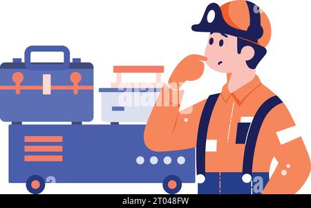 Hand Drawn Technician or engineer with toolbox in flat style isolated ...