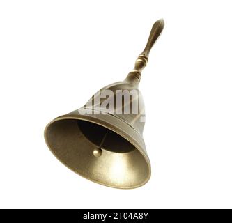 A small ornate antique service bell with a handle on an isolated white ...