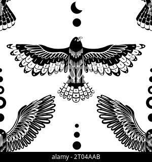 Vector flat texture owls and eagles with spread wings on dark ...