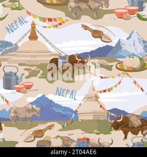 Attributes of Nepalese culture. Vector, flat style. Mountains, Buddhist ...