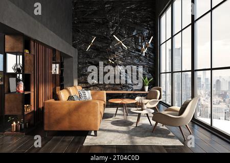 modern dark living interior with rock feature Stock Photo - Alamy